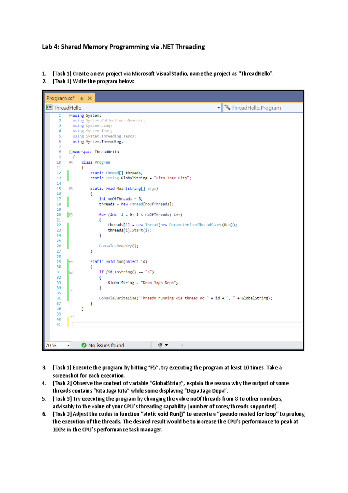 Lab 4: Shared Memory Programming with .NET Threading Techniques - Studocu