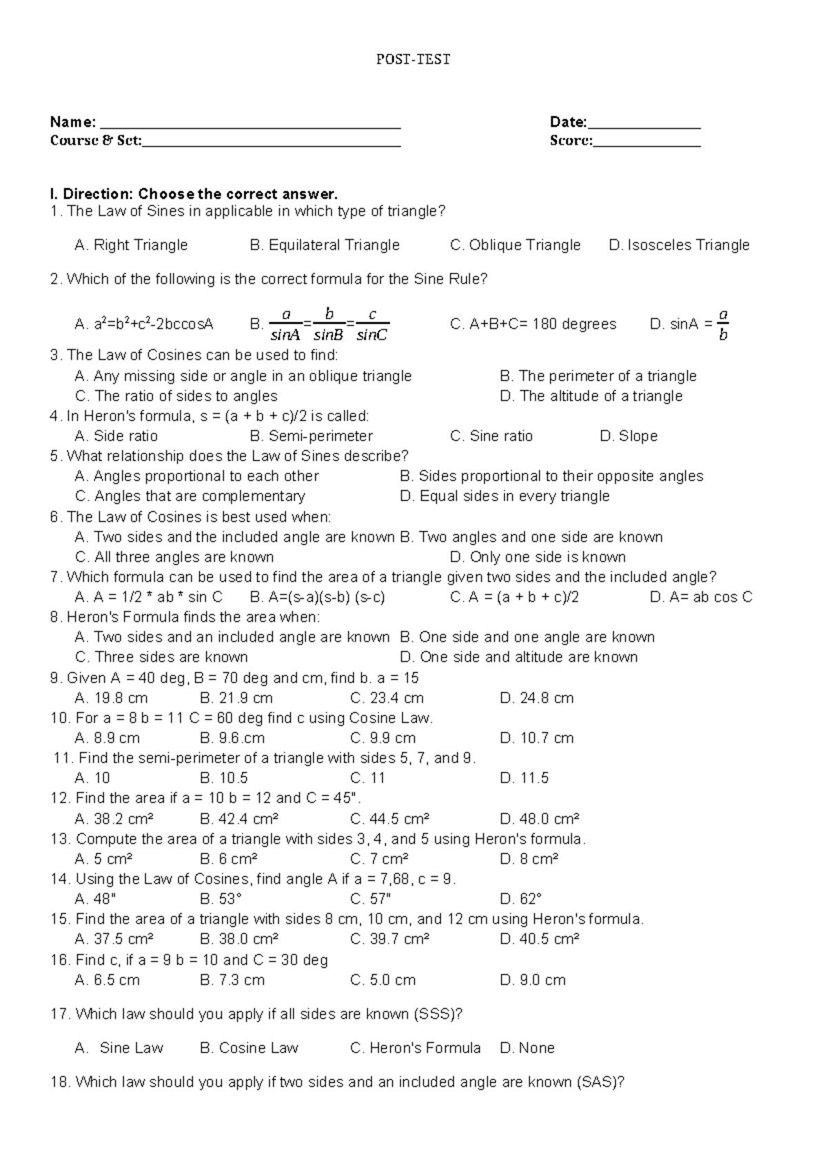 Post Test - Answer Sheet for Triangle Laws and Formulas - Studocu