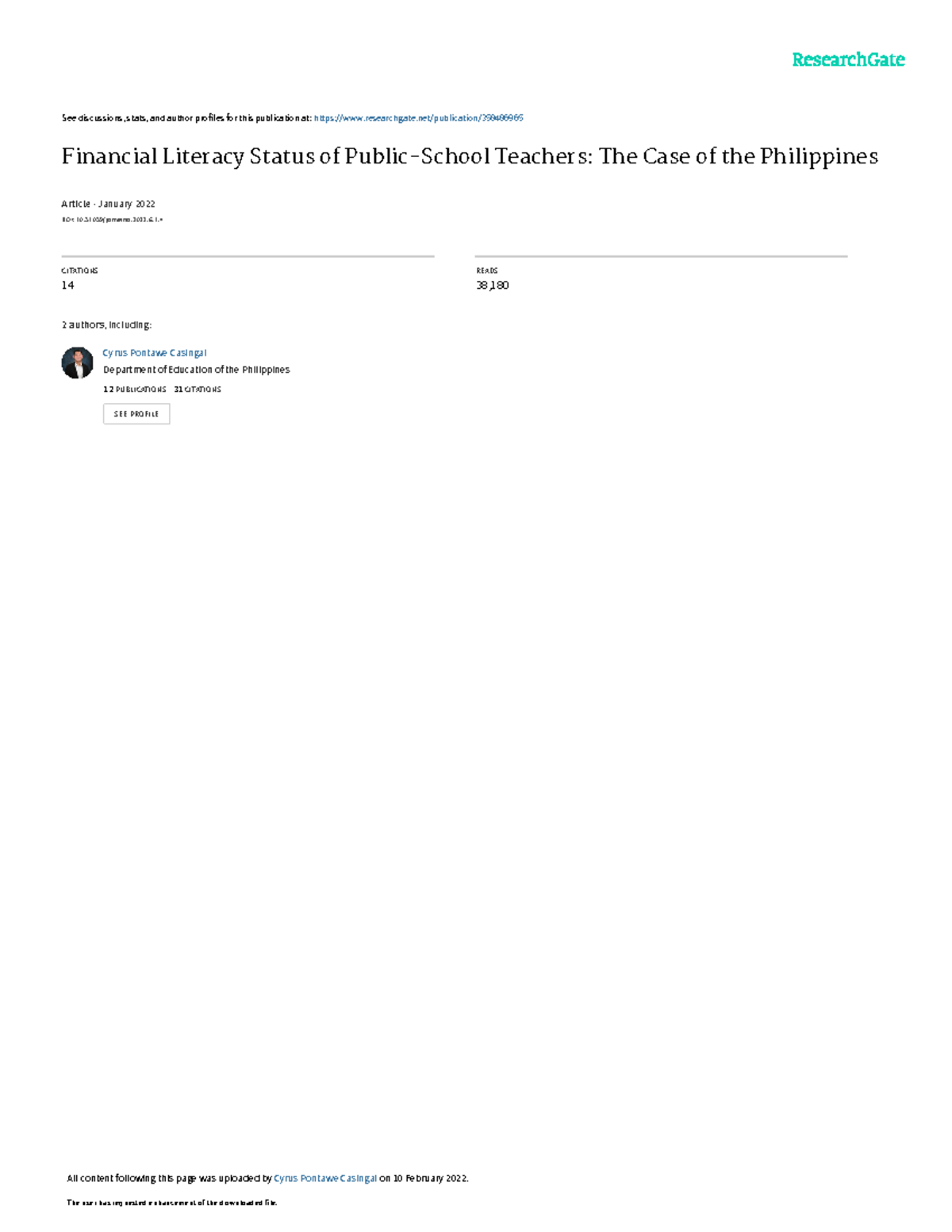 Philippines: Financial Literacy Status of Public School Teachers - Studocu