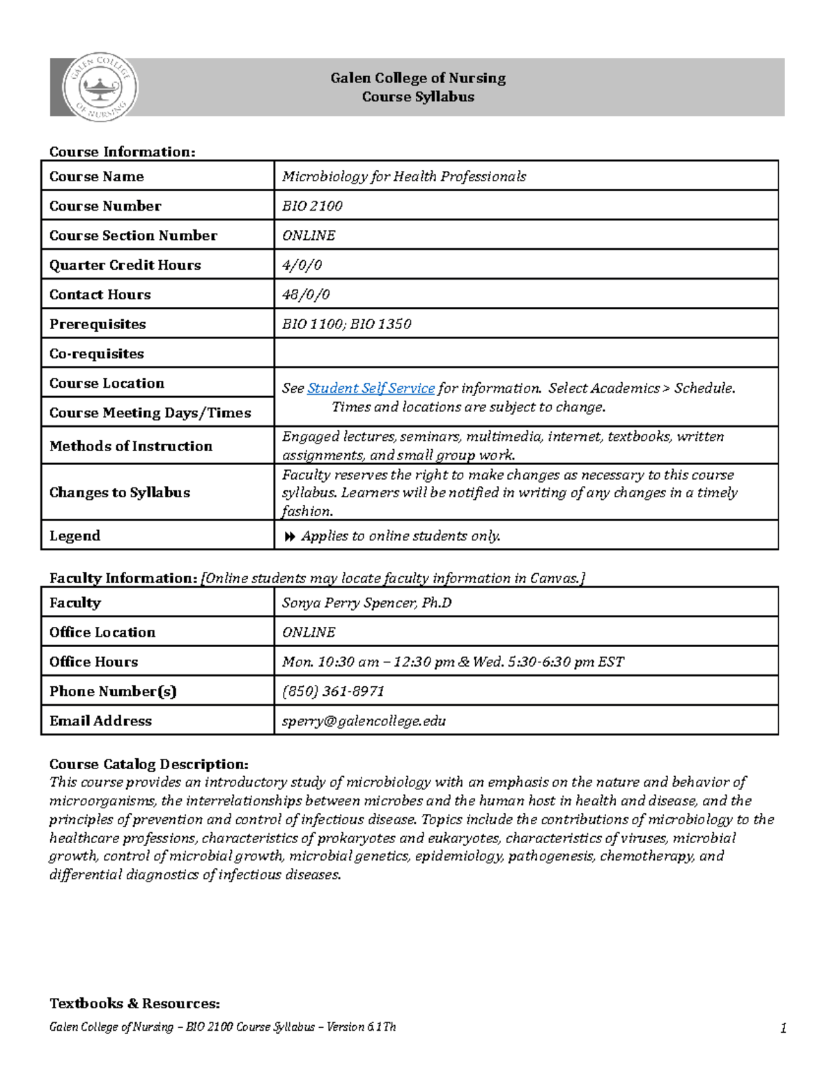 BIO 2100 Syllabus Version 6-1Th+Summer+2023 - Galen College of Nursing ...