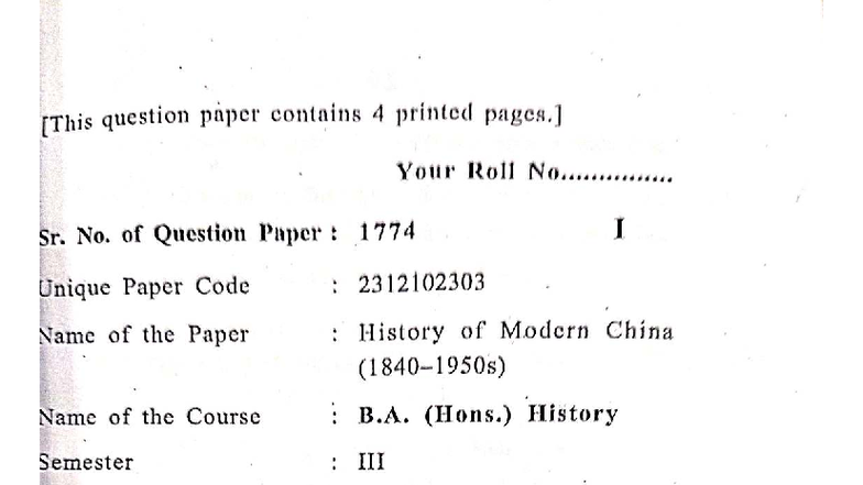 B.A. (Hons.) History - History of Modern China Midterm Exam Paper - Studocu