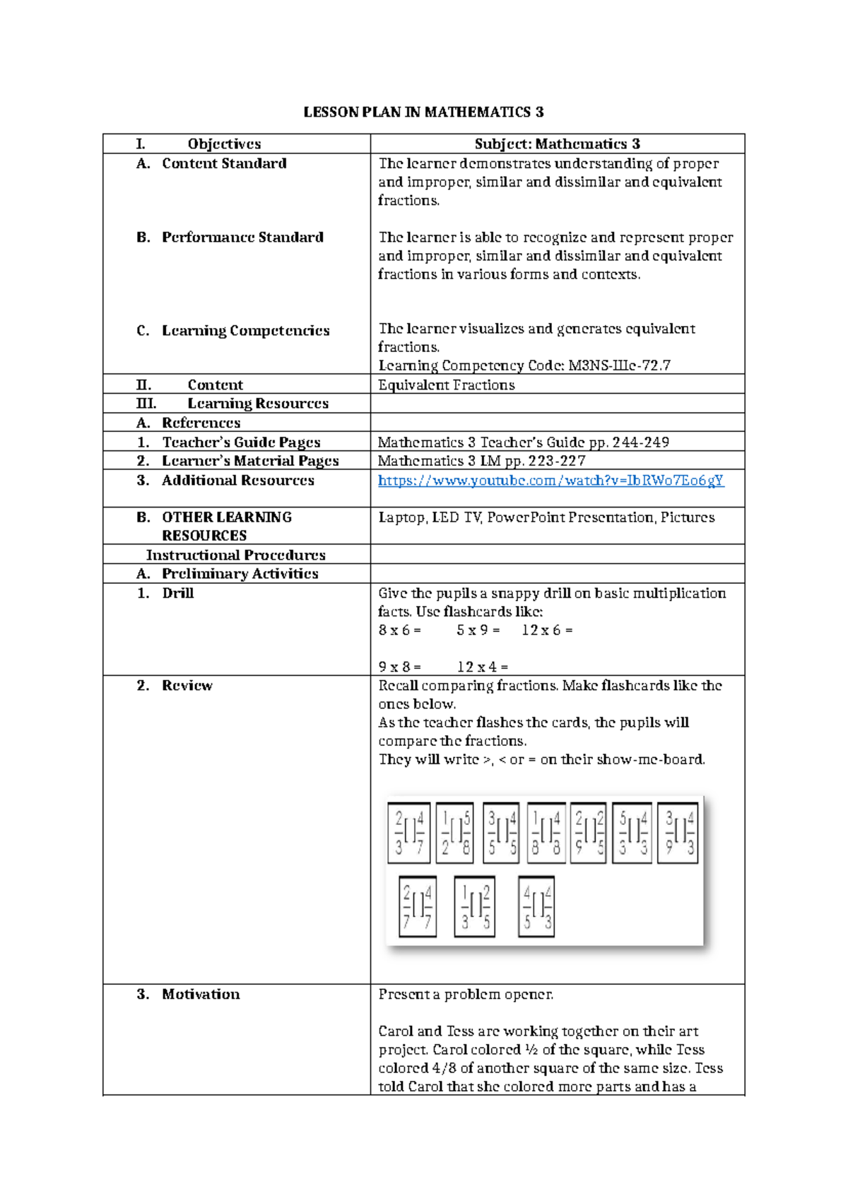 MATH 3 Lesson Plan: Understanding Equivalent Fractions - Studocu