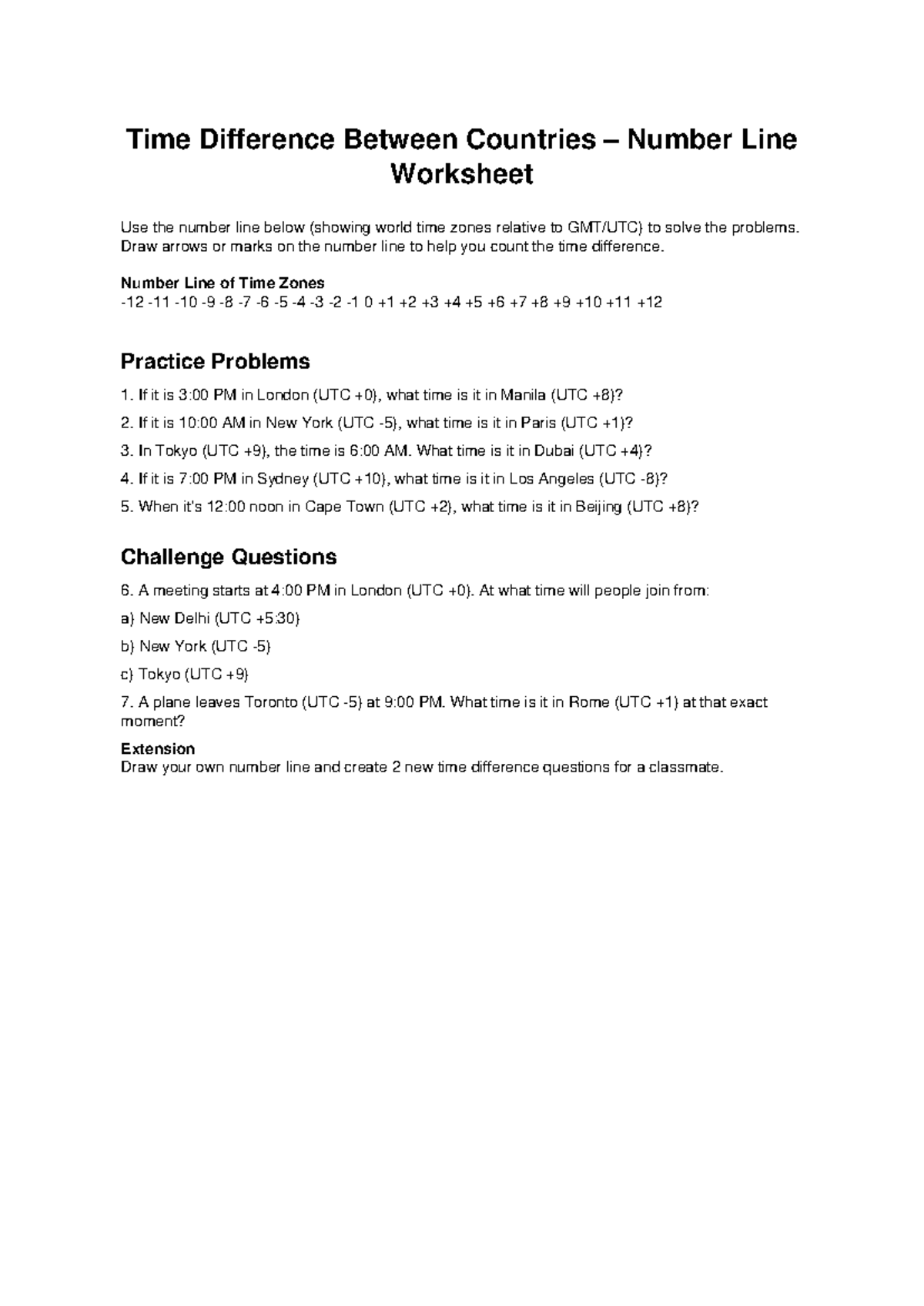 Time Difference Worksheet (UTC) with Number Line Practice - Studocu