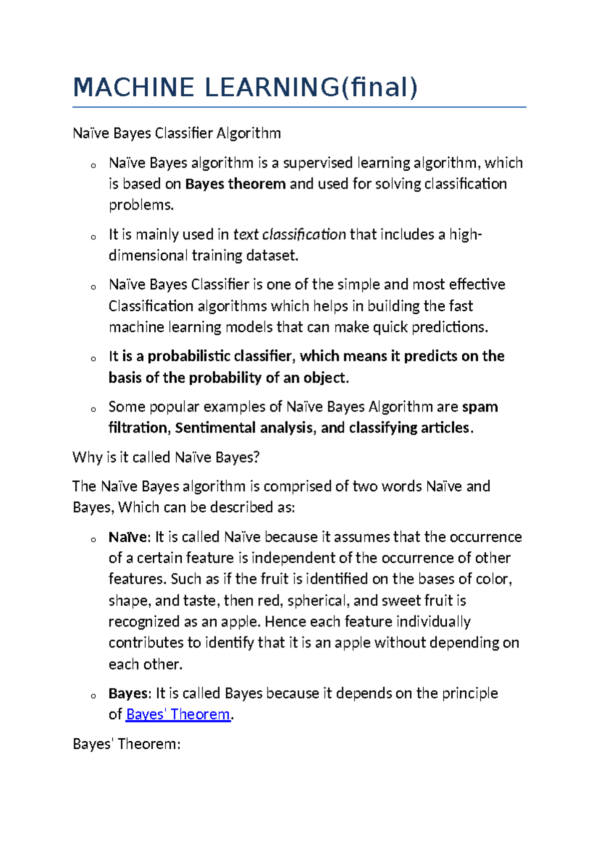 MACHINE LEARNING (Final) - Naïve Bayes Classifier Overview - Studocu