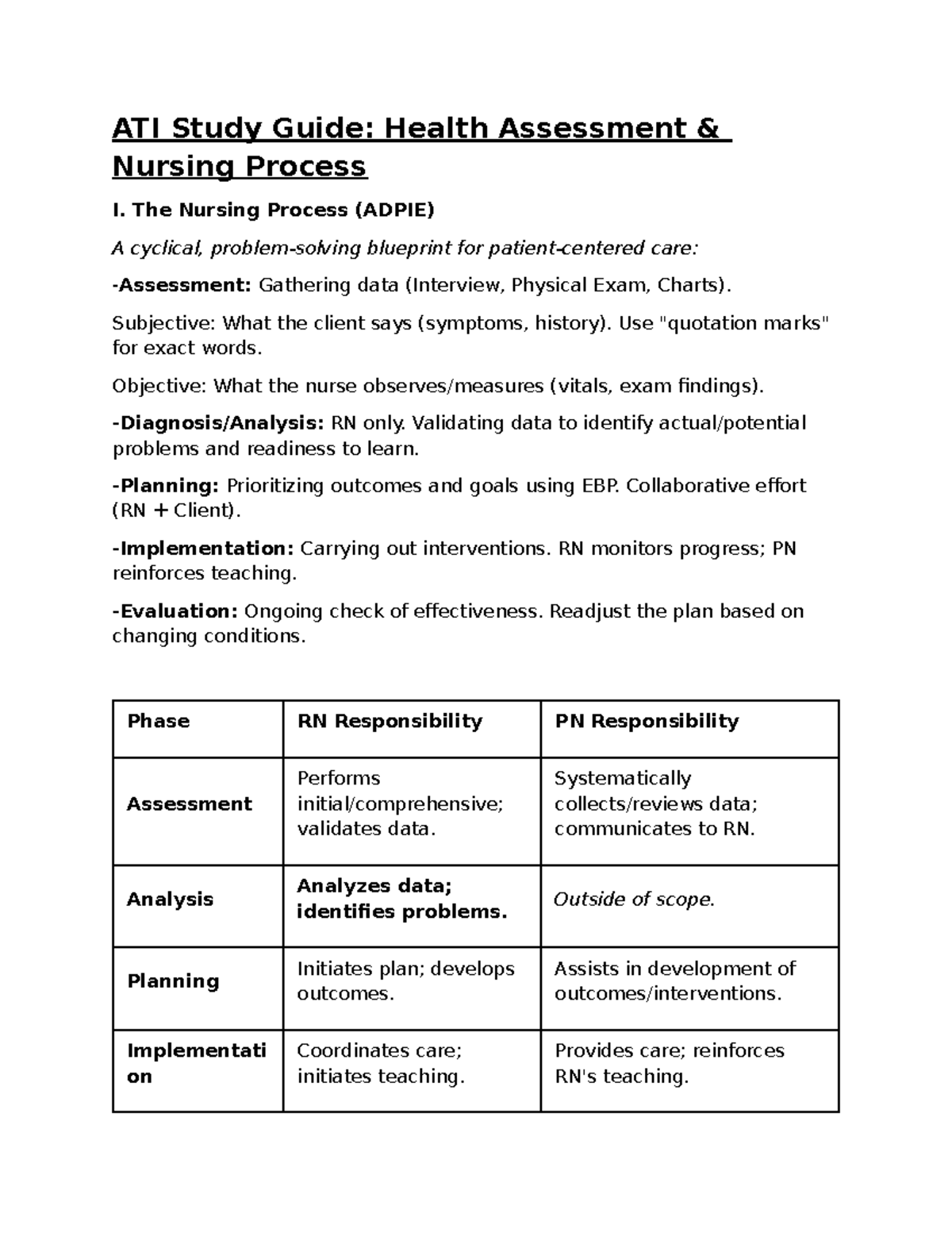ATI Study Guide: Health Assessment Nursing Process I Overview - Studocu