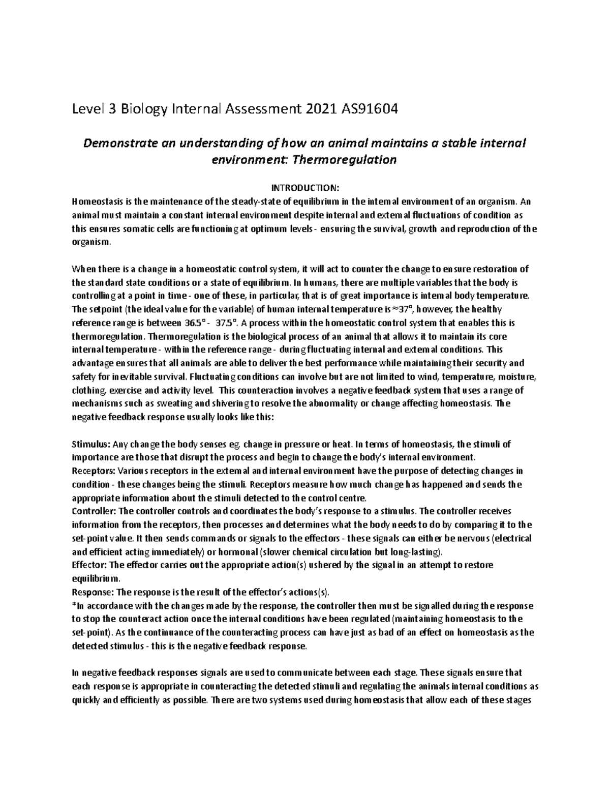 AS91604 Thermoregulation: Homeostasis in Animals Explained - Studocu