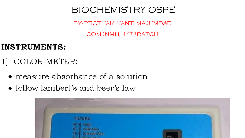 Biochemistry OSPE Instruments & Reagents Overview - 14th Batch - Studocu