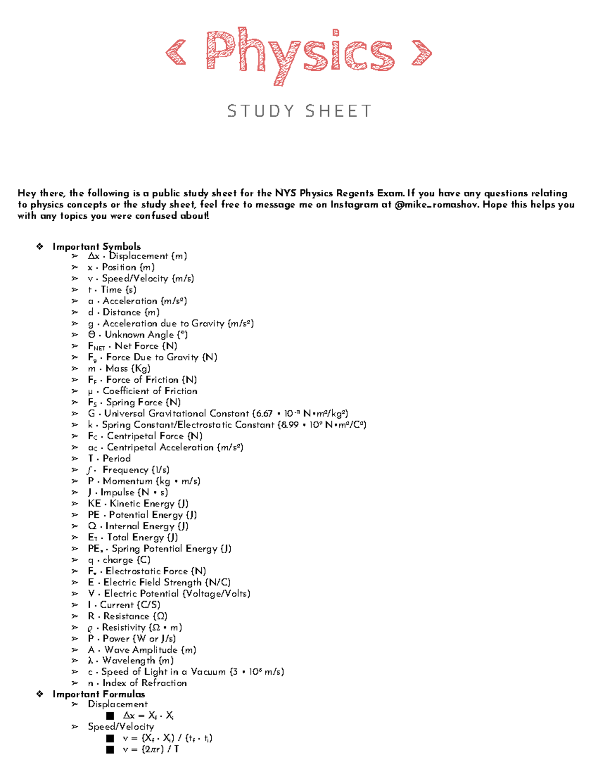 NYS Physics Regents Exam Study Sheet - Studocu