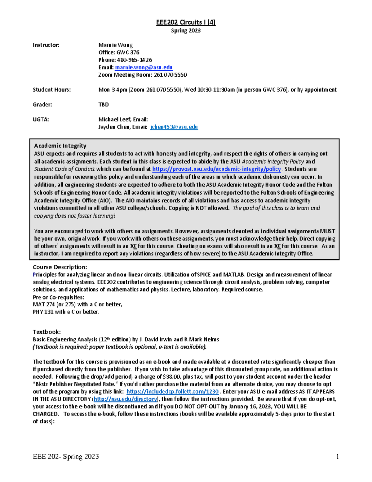 EEE202 Circuits I Syllabus - Spring 2023 - Studocu