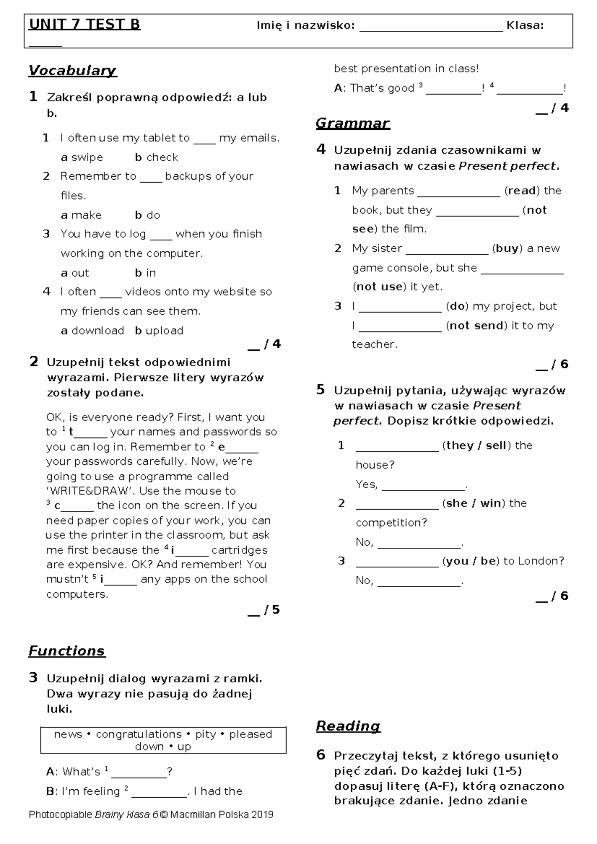 Brainy kl6 Unit Test 7B: Vocabulary & Grammar Practice - Studocu