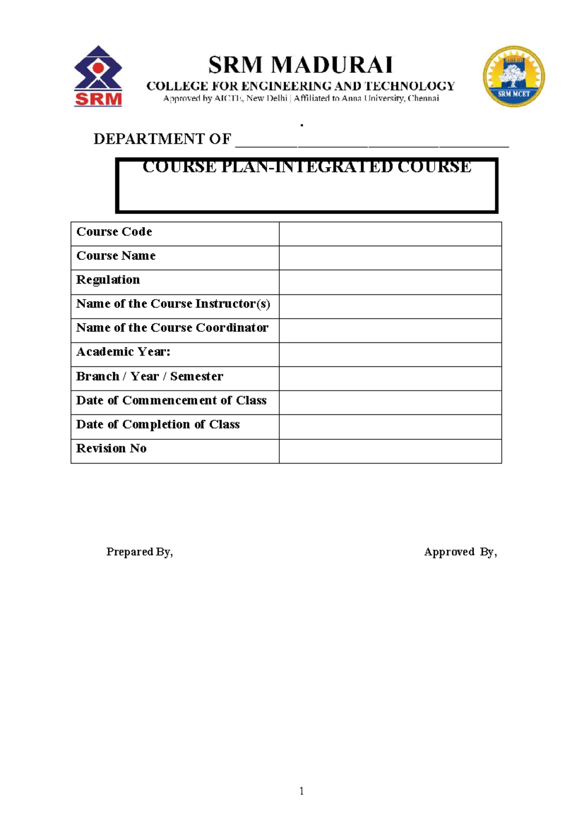 Course Plan Template (Integrated) - Course Code & Name - Studocu