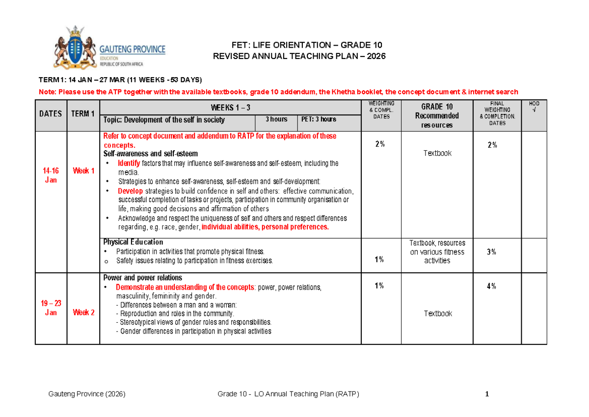 FET: Grade 10 Life Orientation Annual Teaching Plan 2026 Term 1 - Studocu