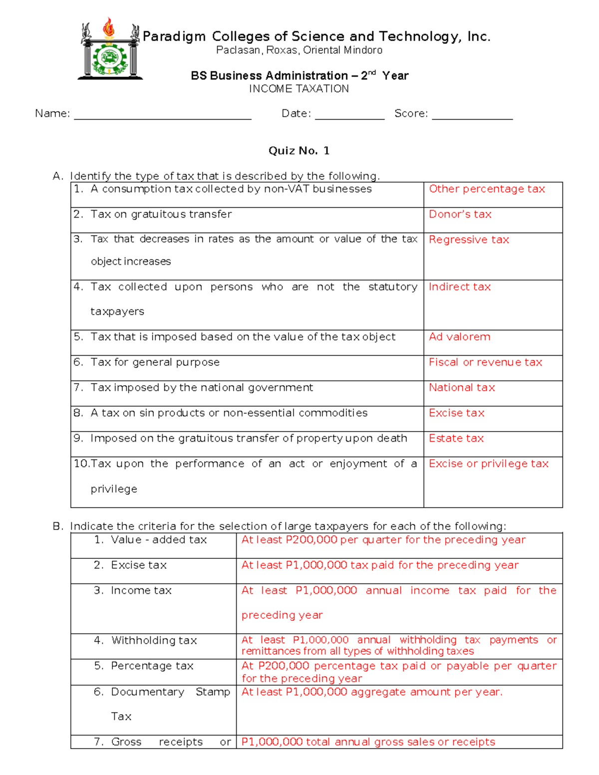 Quiz 1 - Types of Taxes and Criteria for Large Taxpayers - Paradigm ...