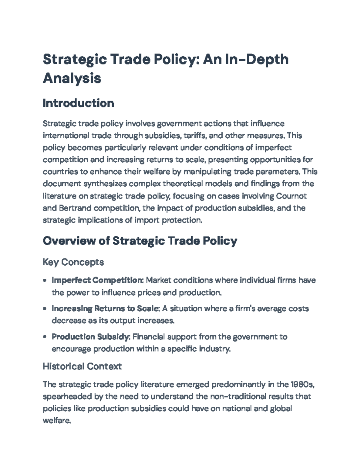 Strategic Trade Policy Analysis: Insights from Cournot & Bertrand ...