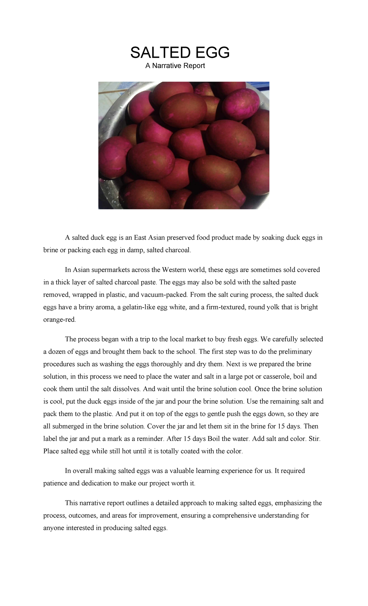 Salted Egg Preparation: A Narrative Report on Brining Process - Studocu