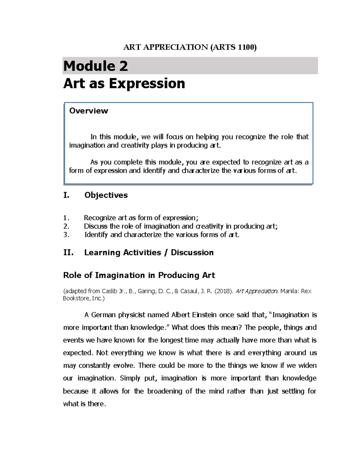 ARTS-1100 Module 2: The Role of Imagination in Art Expression - Studocu
