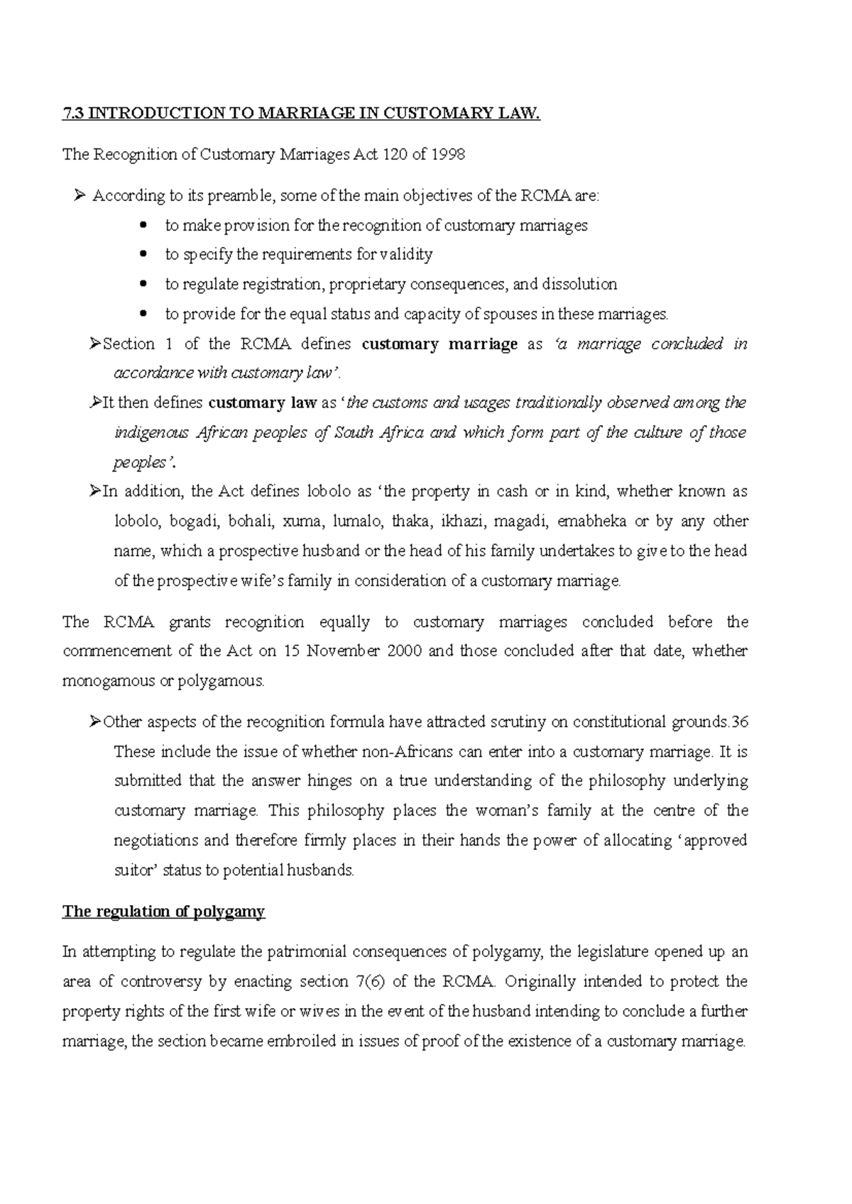 ACL 120: Summary of African Customary Marriages & Legal Insights - Studocu