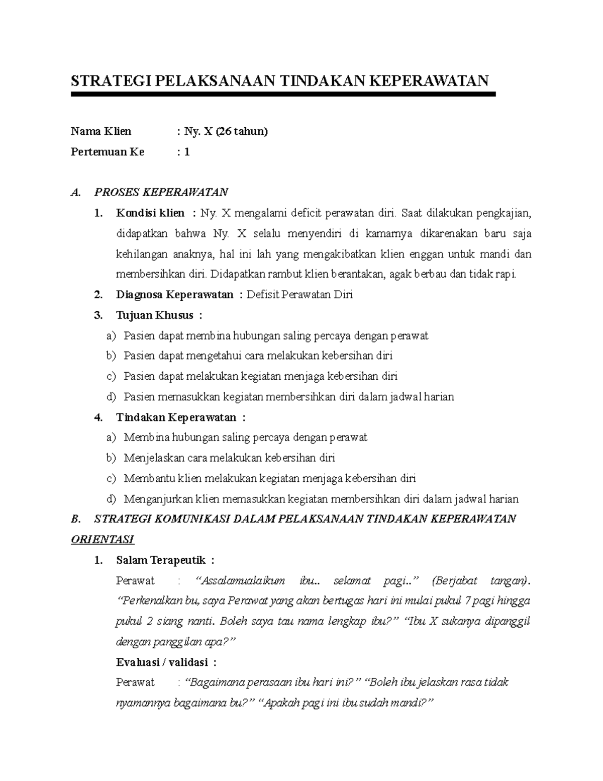 SP JIWA Strategi Perawatan Diri untuk Klien dengan Defisit - Studocu