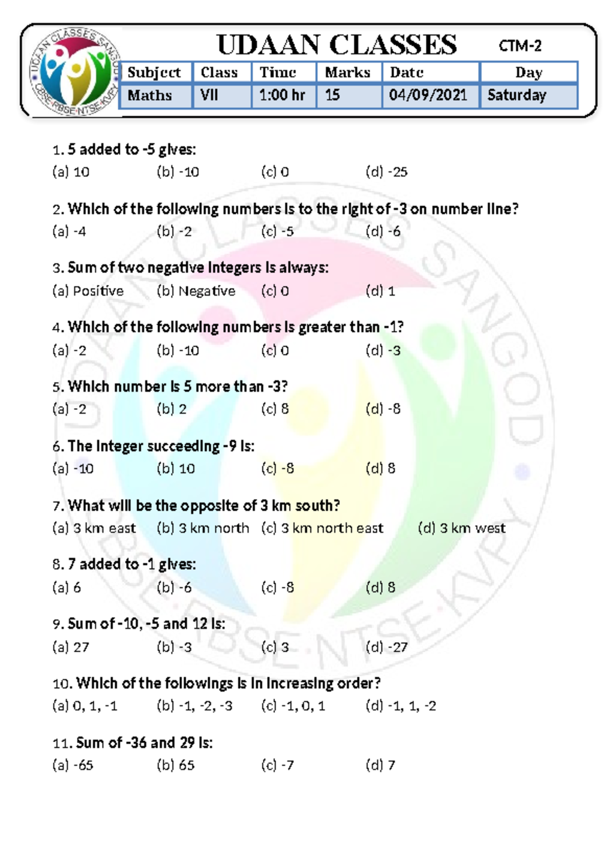 CTM-2 Maths Class VII: Integers Objective Questions - Studocu