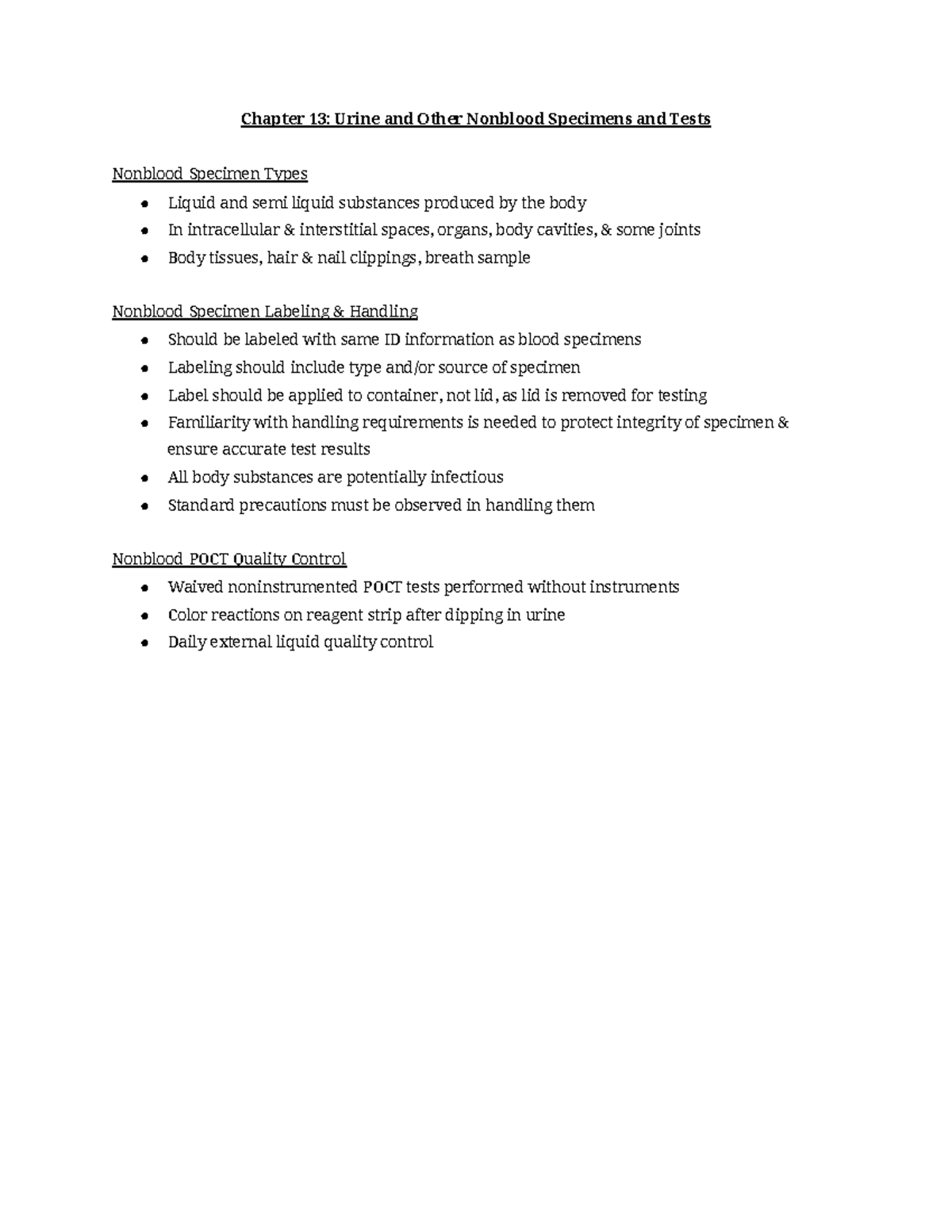 Chapter 13: Nonblood Specimens & Tests - Key Notes for Study - Studocu