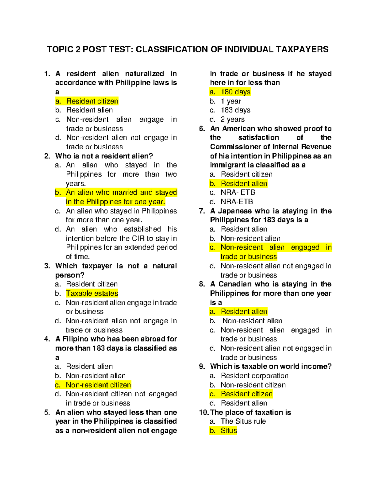 QUIZ - Classification of Individual Taxpayers (Philippine Taxation ...