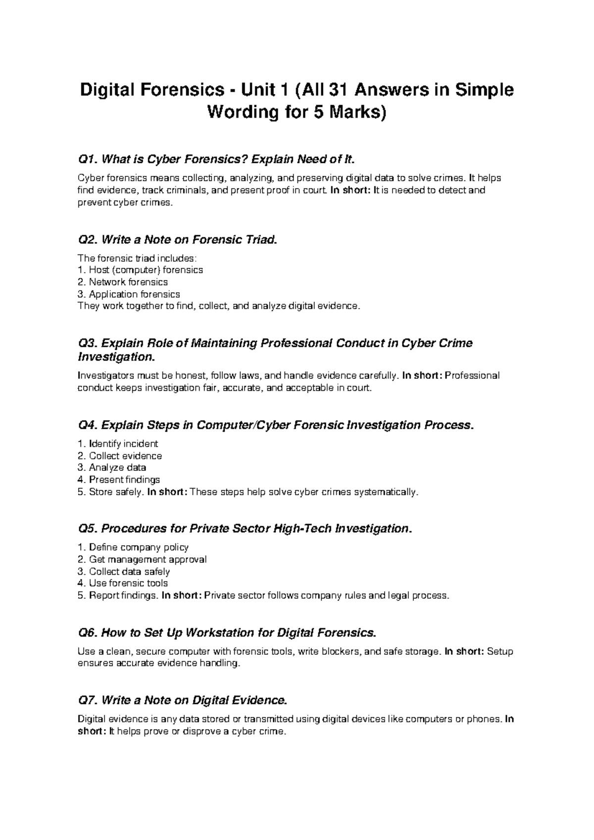 Digital Forensics Unit 1: Comprehensive Answers for 5 Marks - Studocu