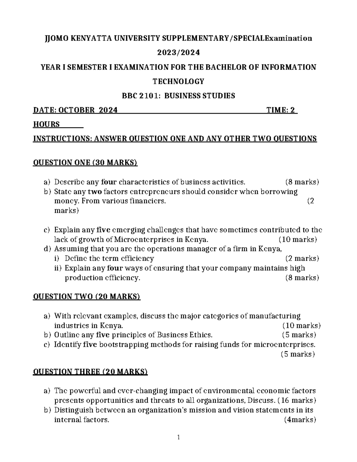 BBC 2101: Business Studies Special Exam Notes - Year I Sem I - Studocu