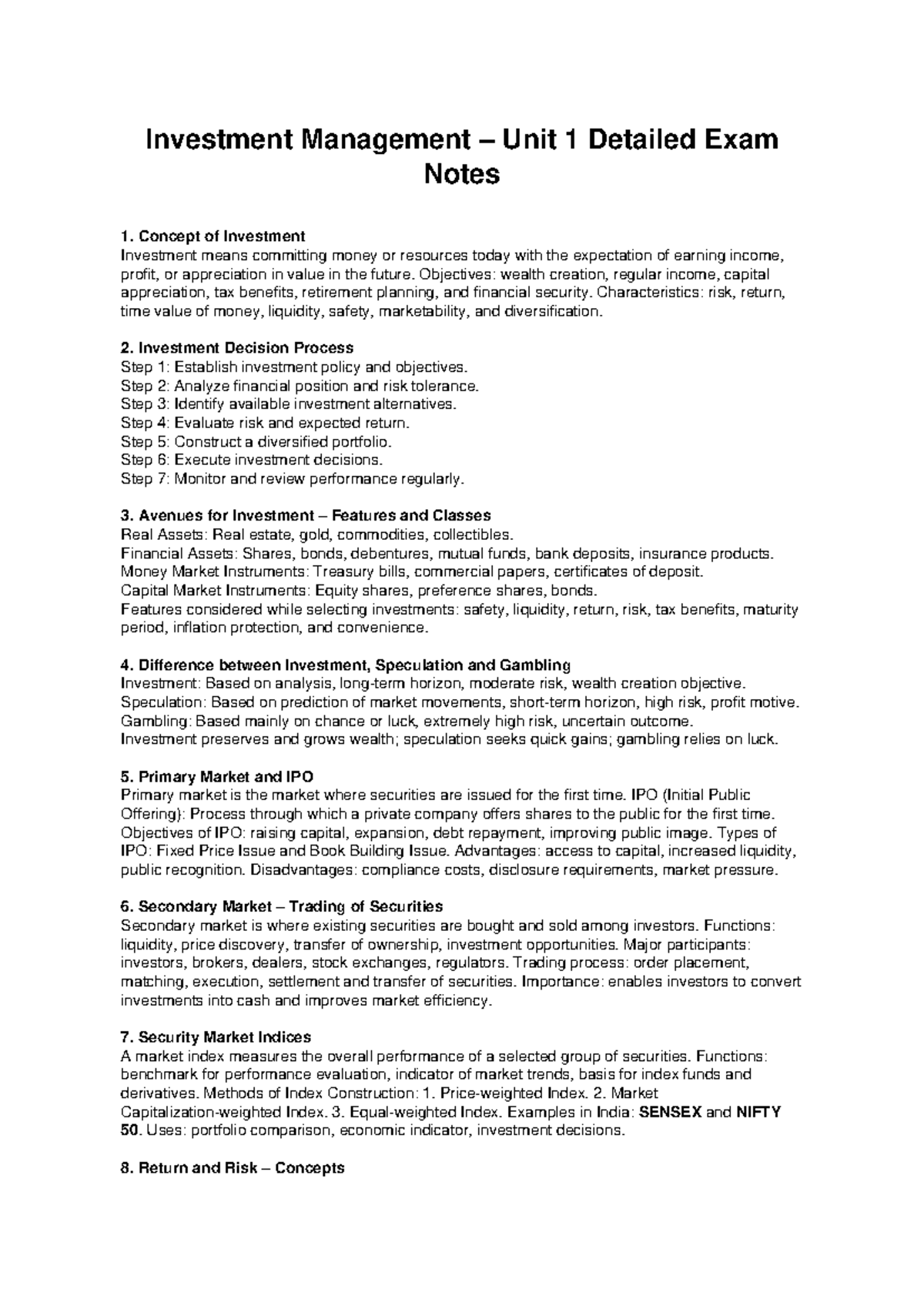 Investment Management Unit 1: Comprehensive Exam Notes on Concepts and ...