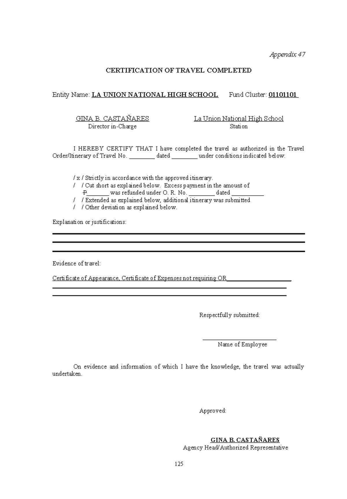 Appendix 47: Certification of Travel Completion for La Union HS - Studocu