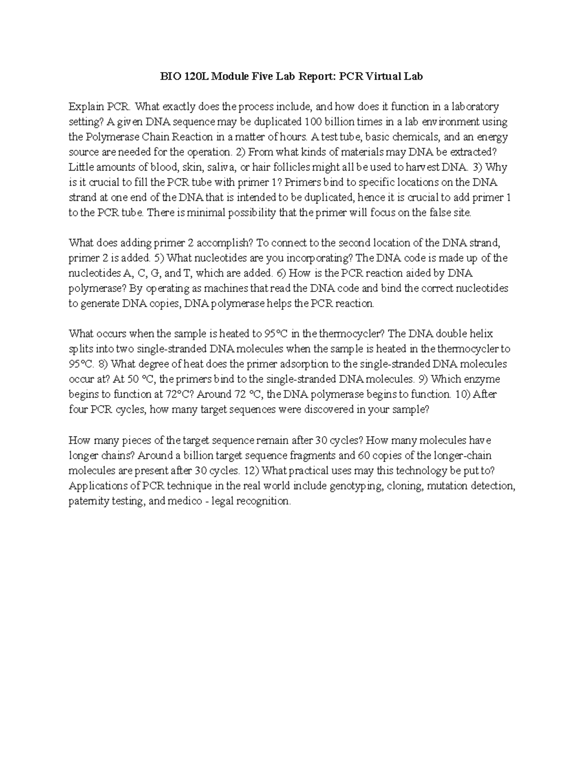 BIO 120L Module Five Lab Report: Understanding the PCR Virtual Lab - Studocu