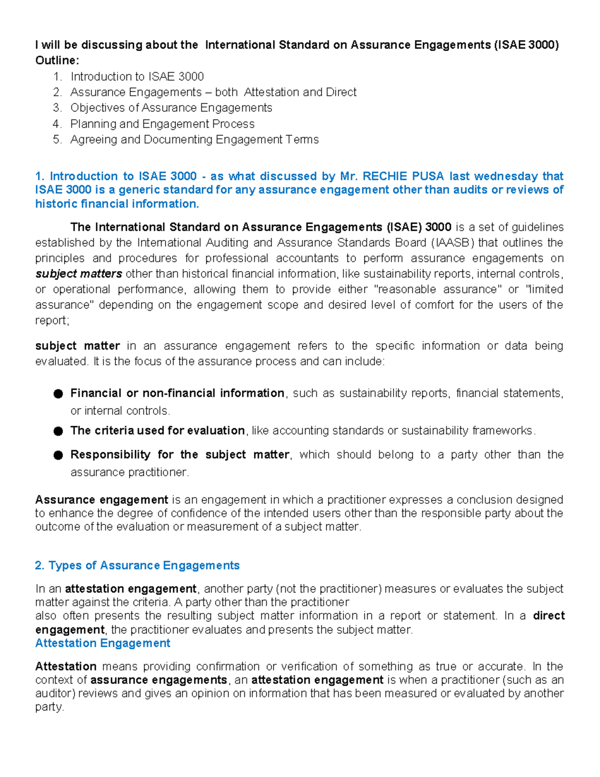 ISAE 3000: Overview of Assurance Engagements and Their Objectives - Studocu