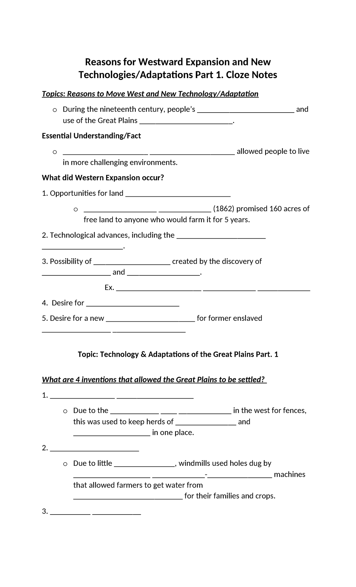 Reasons for Westward Expansion & New Tech: Cloze Notes Part 1 - Studocu
