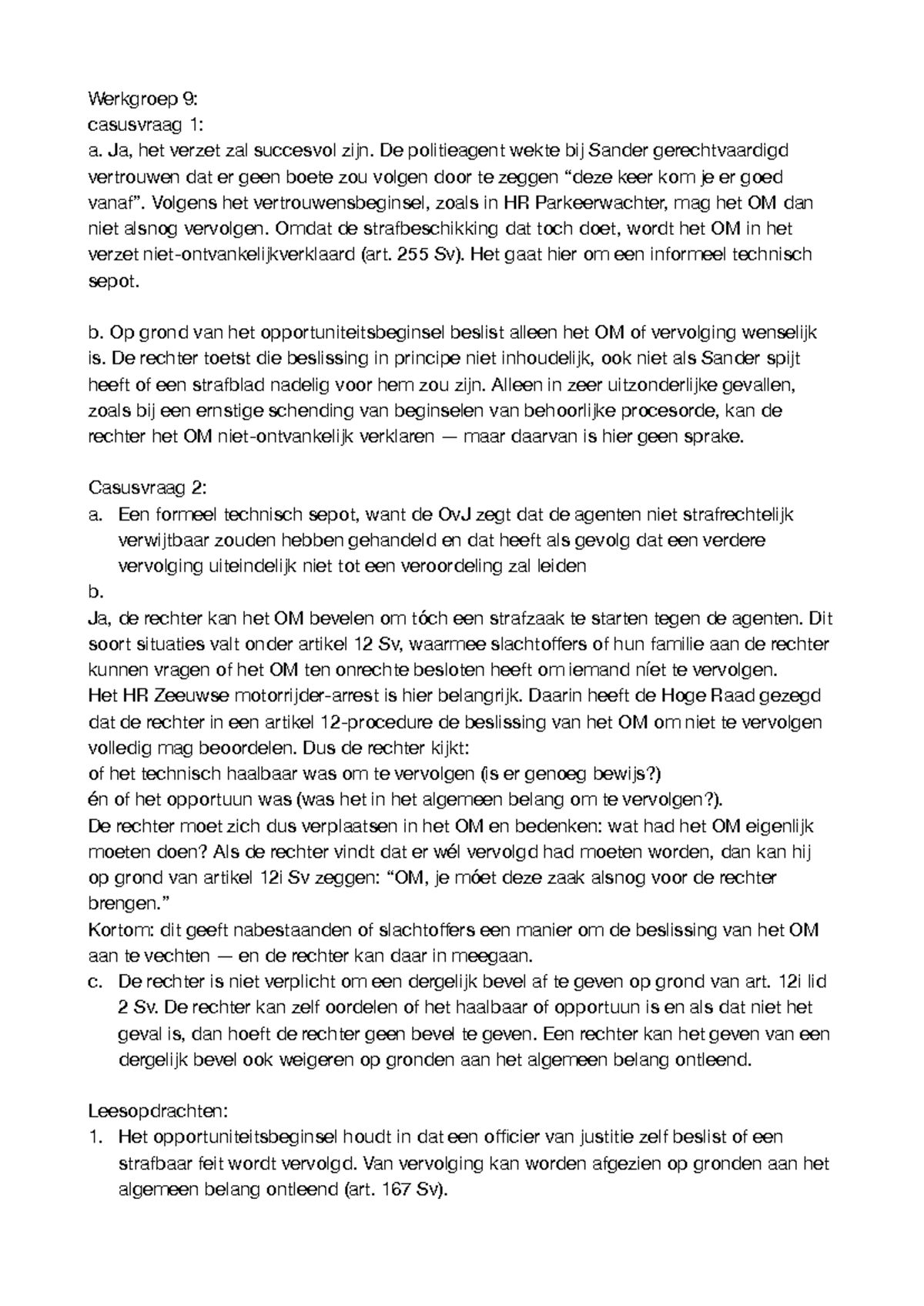 Werkgroep 9: Casusvragen en Uitwerkingen Strafrecht - Studeersnel