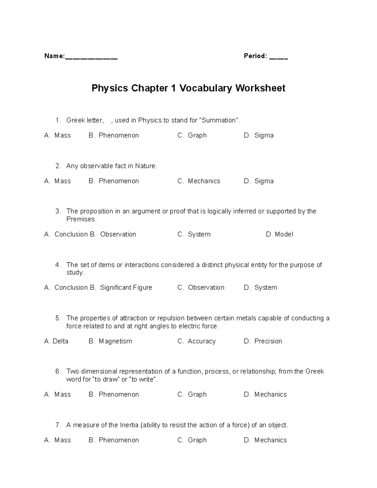 Physics CH1 Vocabulary Worksheet: Key Terms & Concepts - Studocu
