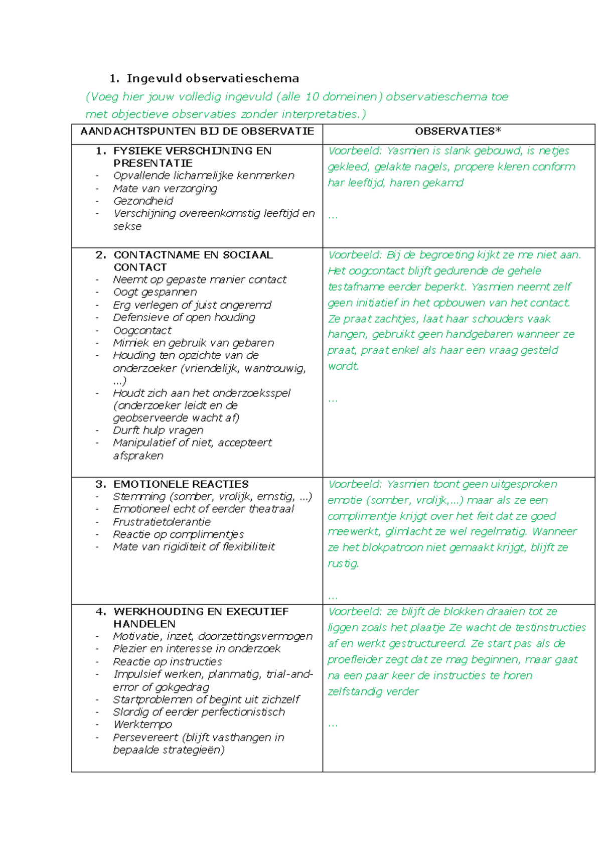 Voorbeeld Observatieschema: Ingevulde Observaties met 10 Domeinen - Studocu