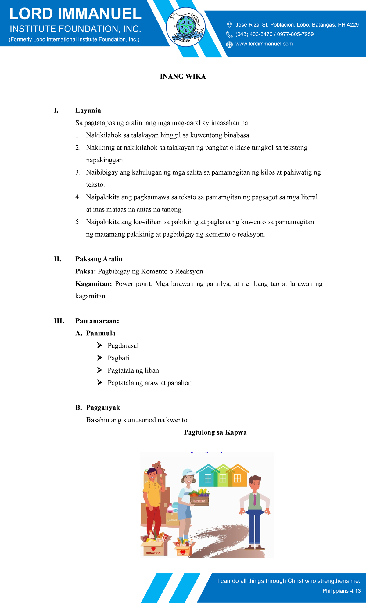 Inang Wika - lesson plan - INANG WIKA I. Layunin Sa pagtatapos ng ...