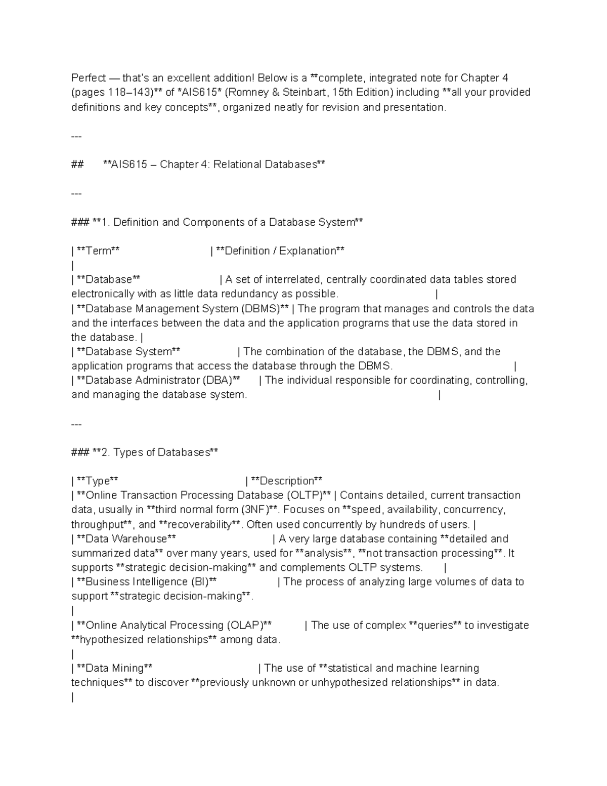 AIS615 Chapter 4 Notes: Relational Database Definitions & Components ...