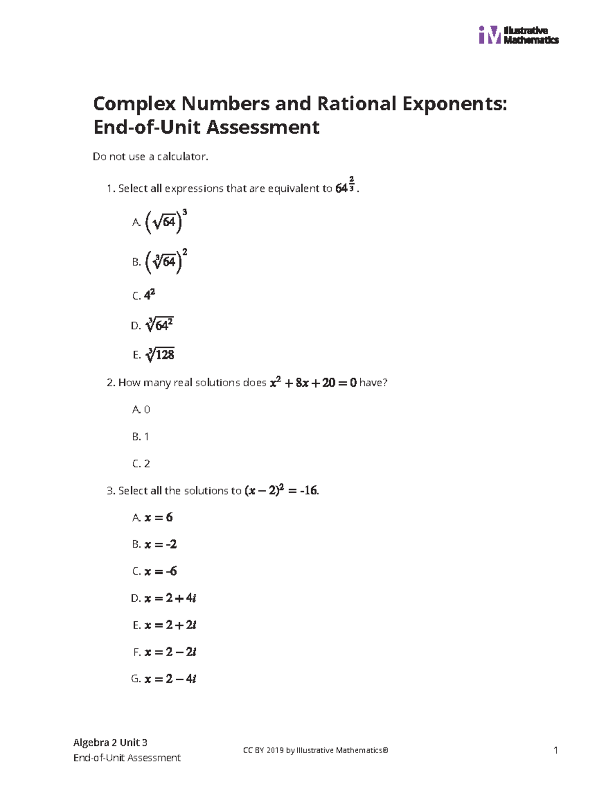 Algebra 2 Unit 3 Assessment: Complex Numbers & Rational Exponents - Studocu