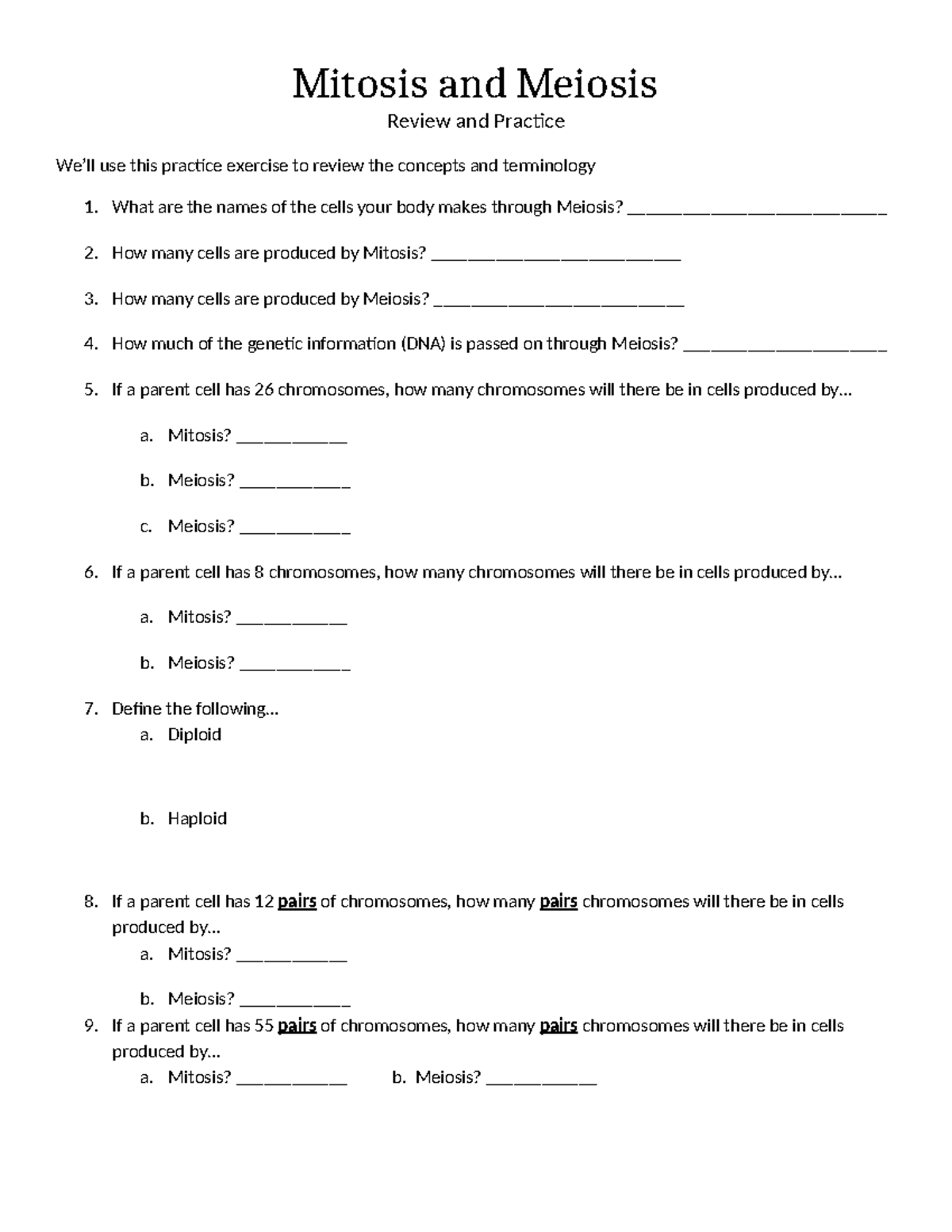 Mitosis vs. Meiosis Review Worksheet (Biology 101) - Studocu