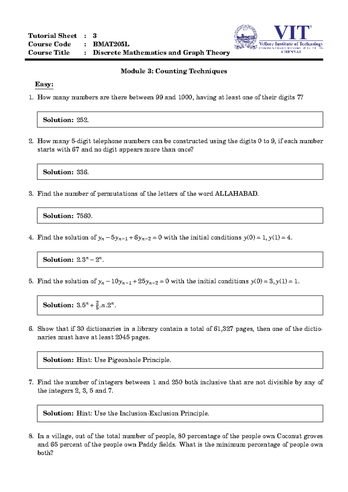 Tutorial Sheet 3: BMAT205L Discrete Mathematics & Graph Theory - Studocu