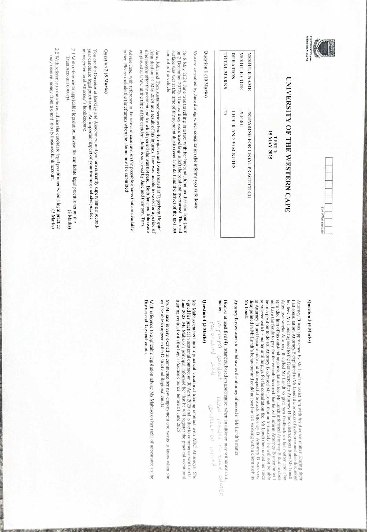 PLP 401 Test 1: Legal Practice Scenarios and Case Analysis - Studocu