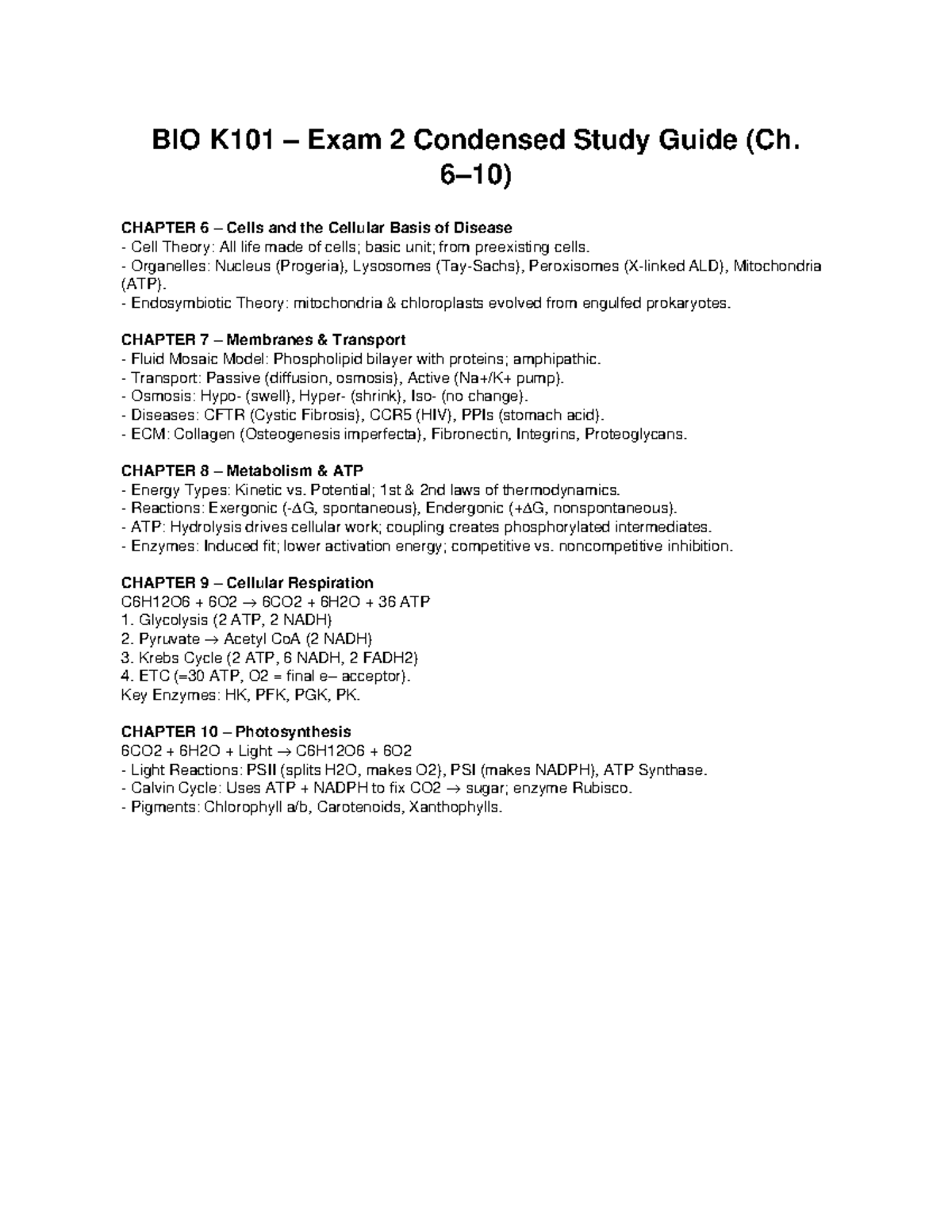 BIO K101 Exam 2 Comprehensive Study Guide on Cells & Metabolism - Studocu