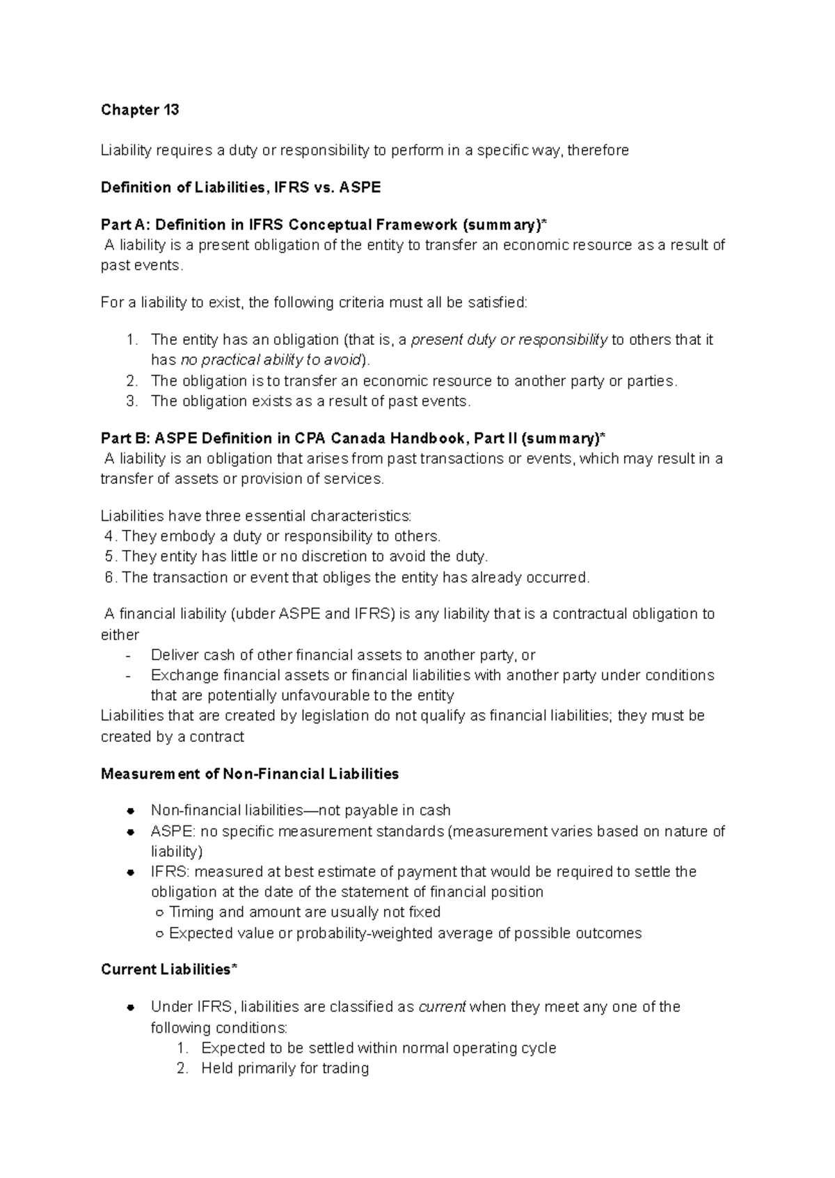 Chapter 13 - Liabilities: IFRS vs. ASPE Analysis in Financial ...