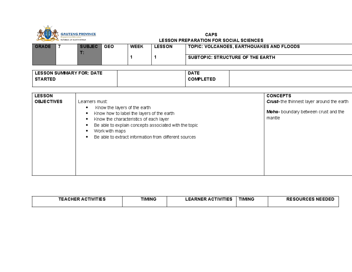 GRADE 7 GEO WEEK CAPS LESSON PLAN: VOLCANOES, EARTHQUAKES & FLOODS ...