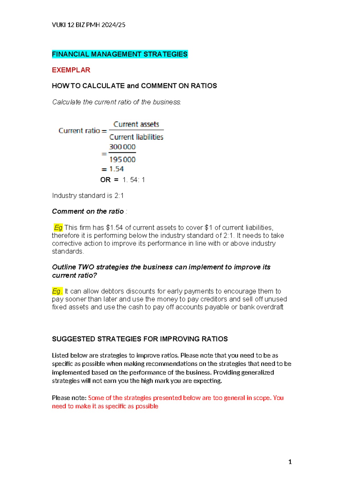 VUKI 12 BIZ PMH FINANCIAL MANAGEMENT RATIO STRATEGIES 2024-25 - Studocu