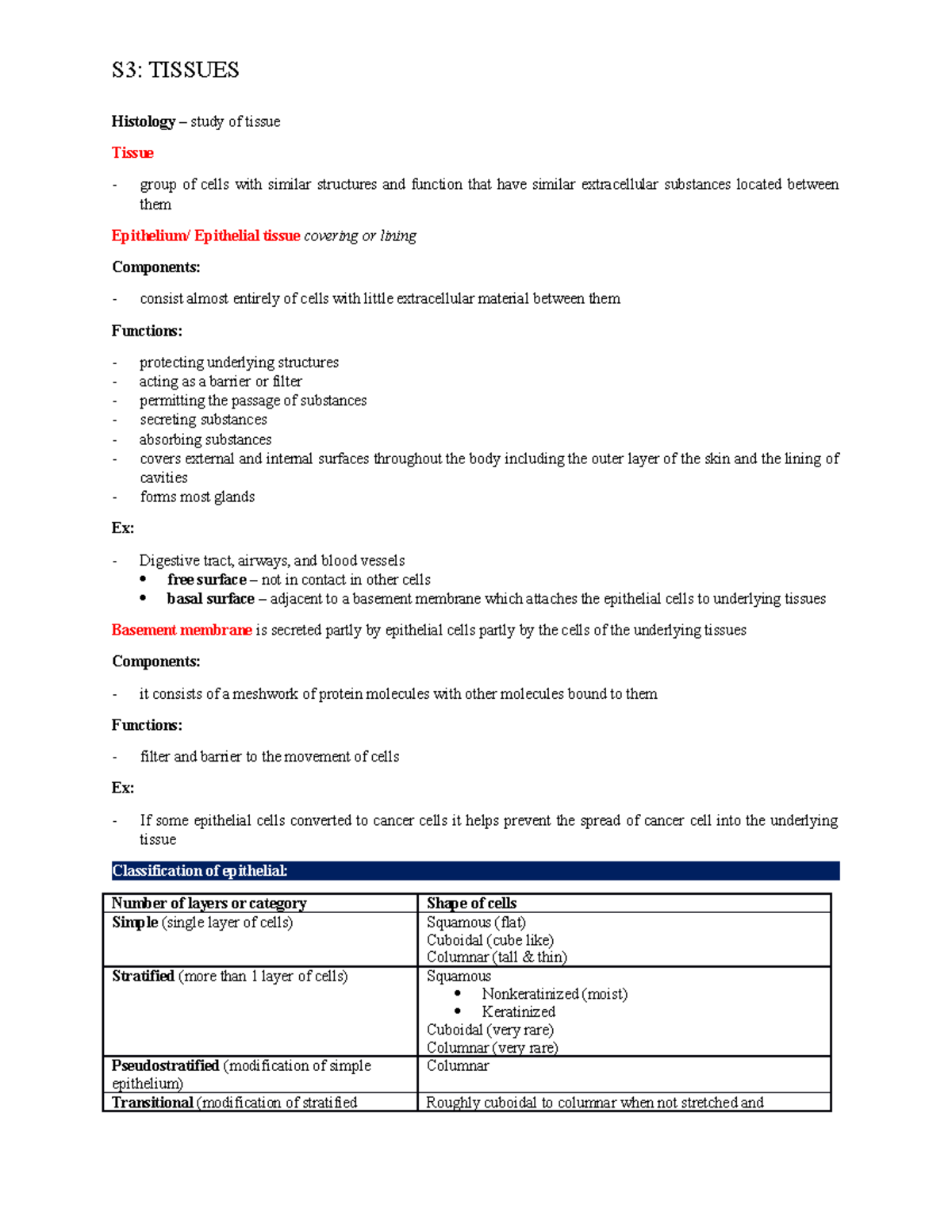 S3-tissues - none - S3: TISSUES Histology – study of tissue Tissue ...