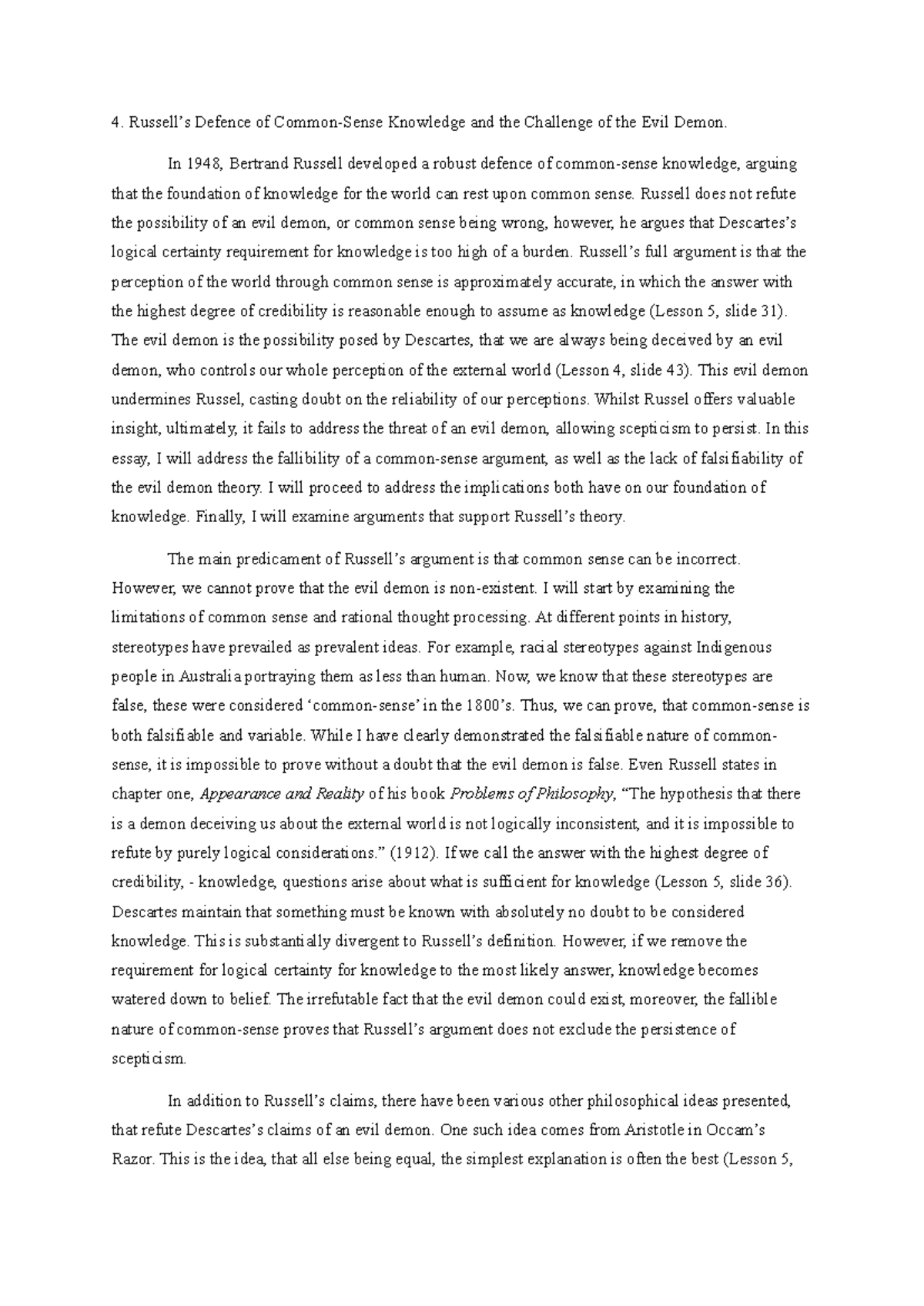 Philosophy Quiz Essay - Russell’s Defence of Common-Sense Knowledge and ...