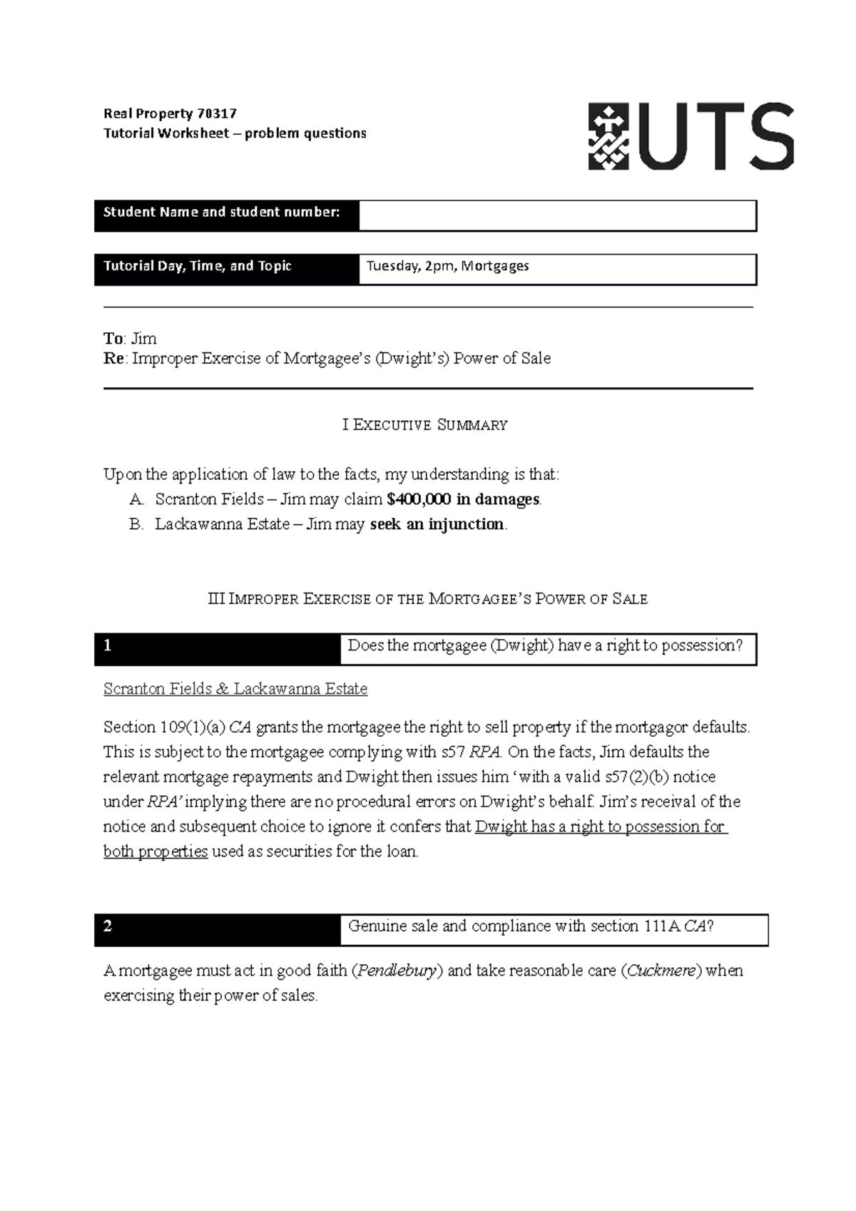 A1.3 Pre-Preparation Worksheet 3 - Real Property 70317 Tutorial ...