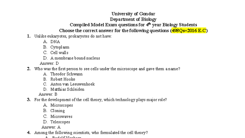 Biology Exit Exam Model Questions (498-2016) for 4th Year Students ...