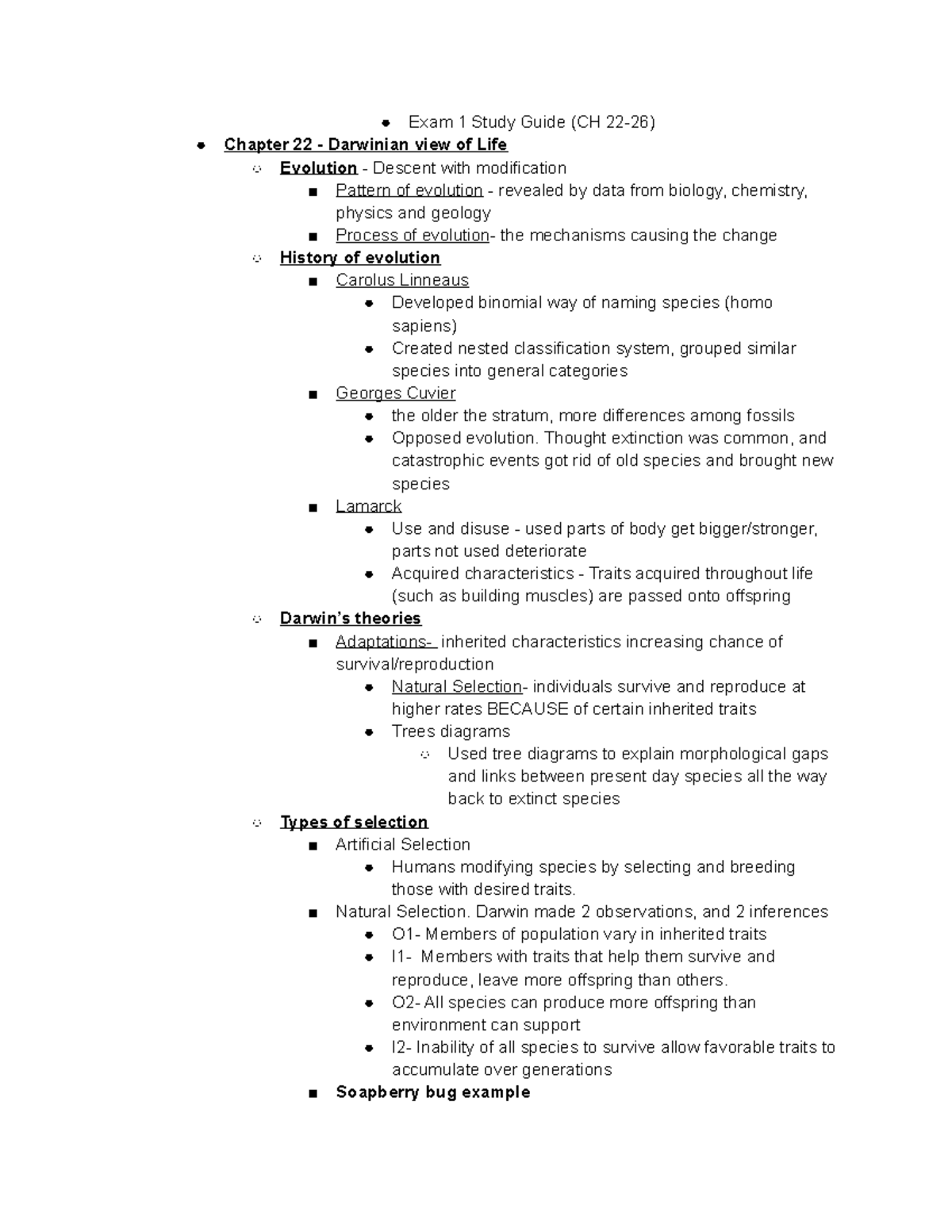 Exam 1 Study Guide: Evolution and Natural Selection (Ch 22-26) - Studocu